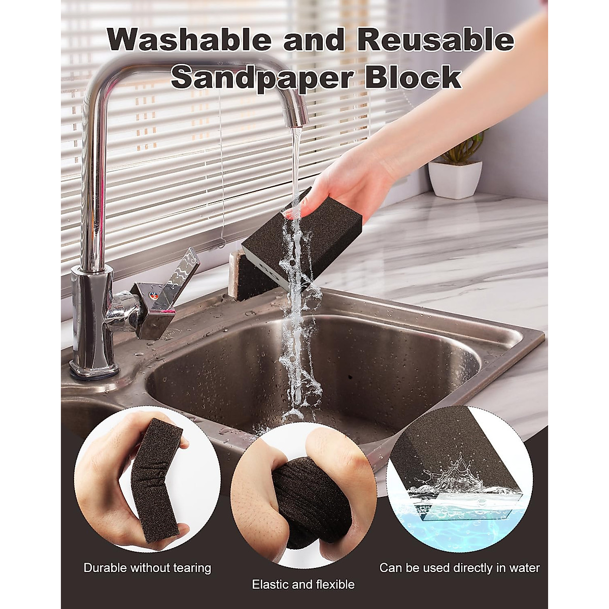 Rocaris 60 Pack Sanding Blocks, Washable and Reusable Sanding Sponge Fine Coarse for Wood and Drywall 60, 80, 100, 120, 180, 220 Grit