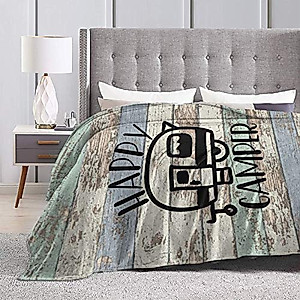 Soft Vintage Wooden Door Happy Camper Throw Wrap, Sherpa Plus Velvet Home Blanket Throw Wearable Blankets, Keep Warm Blankets for Bedroom Living Rooms Sofa Couch, 50x60 inch