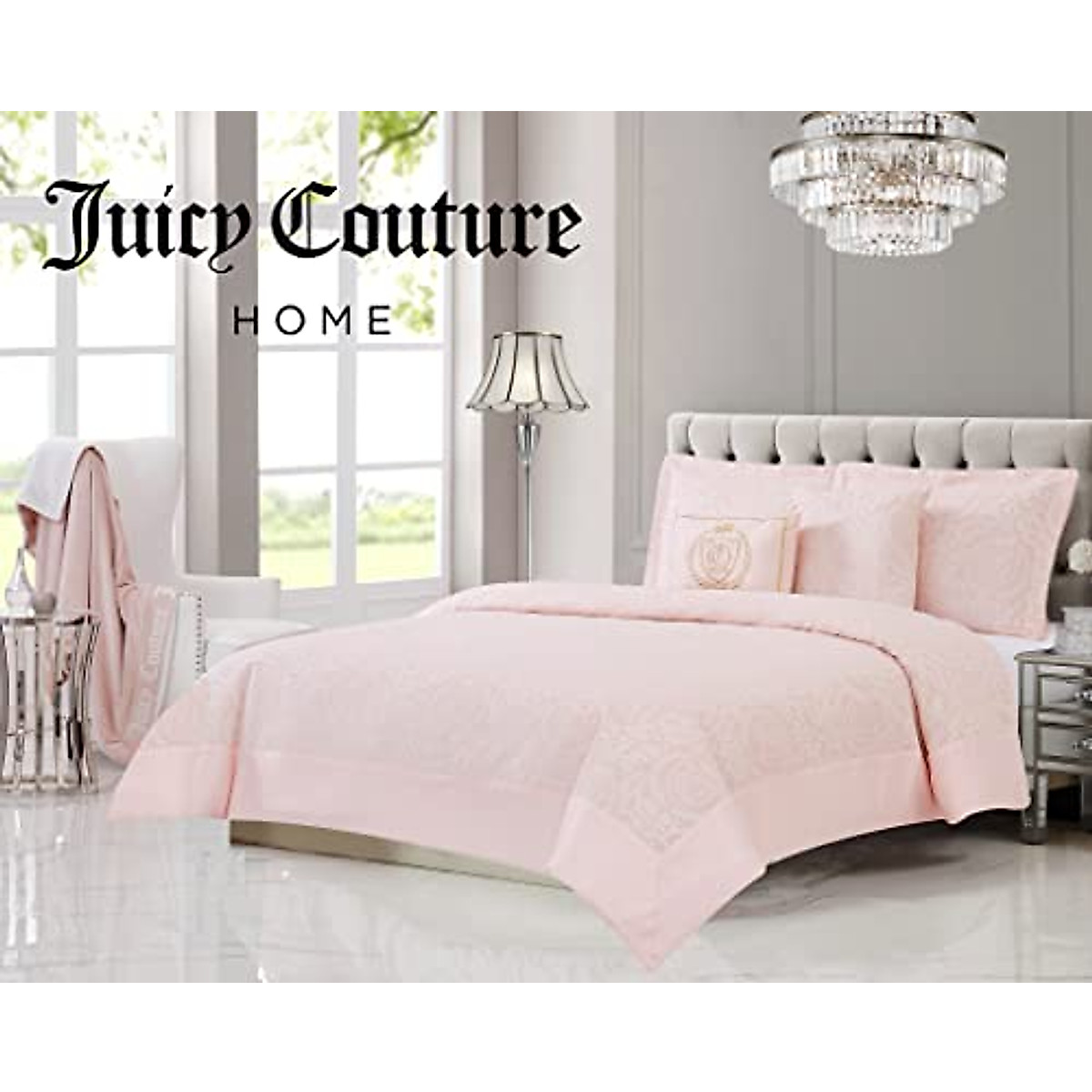Juicy Couture – Comforter Set, Dovona Design Bed Sheets, Queen Bedding, 5 Piece Set Includes 1 Comforter, 2 Shams and 2 Decorative Pillows, Wrinkle Resistant and Anti Pilling,Pink Blush