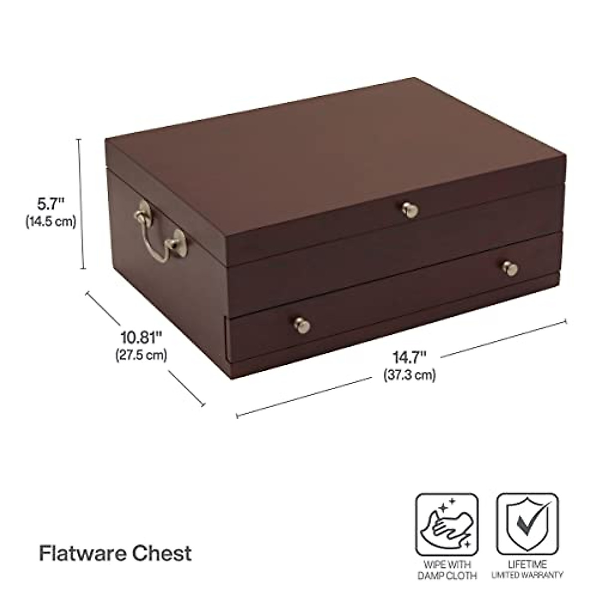 Wallace Felt Lined Flatware Storage Chest with Drawer, 15 Inch, Dark Walnut