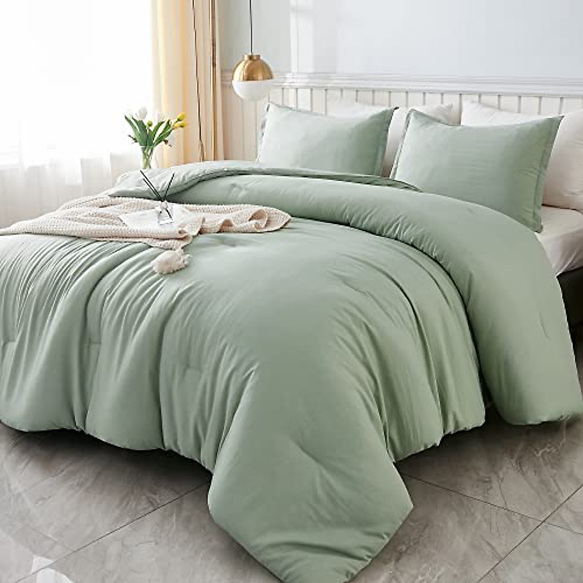 Litanika California King Comforter Set Sage Green - 3 Pieces Cal King Lightweight Soft Solid Bed Comforter, Oversized Fluffy Quilt Blanket Bedding Set (104x96In, 2 Pillowcases)