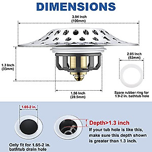 Upgraded Tub Stopper with Hair Catcher - 2 in 1 Pop Up Bathtub Stopper, Brass Tub Drain Stopper with Anti-Clogging Strainer, Tub Drain Plug with Metal Hair Trap, Only Fit for 1.65-2 Inch, Chrome