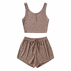 SOLY HUX Women's Button Front Ribbed Knit Tank Top and Shorts Pajama Set Sleepwear Lounge Sets Mocha Brown XL
