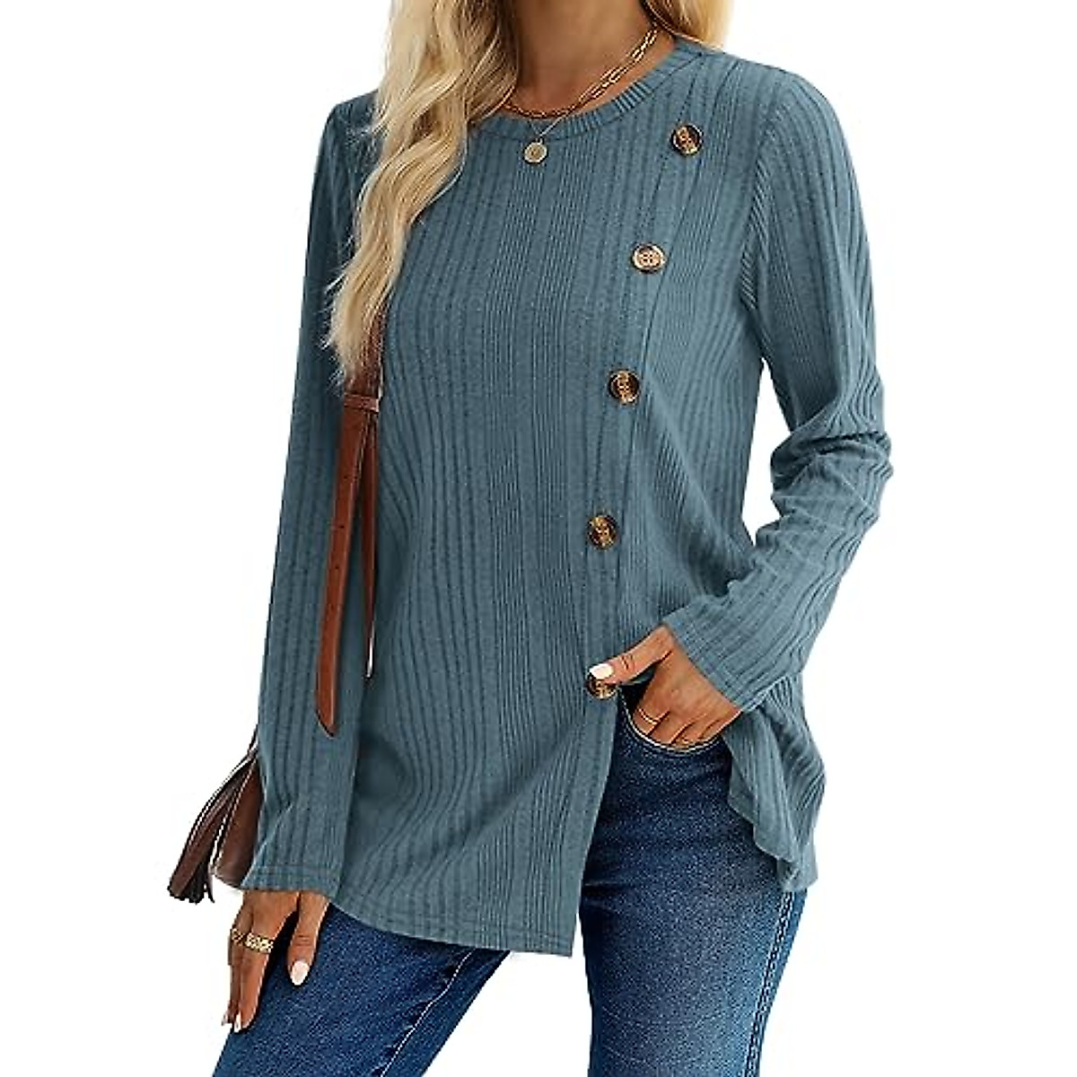 XIEERDUO Long Sleeve Tops Womens Fall Sweaters Tunic Tops To Wear With Leggings Blue XL