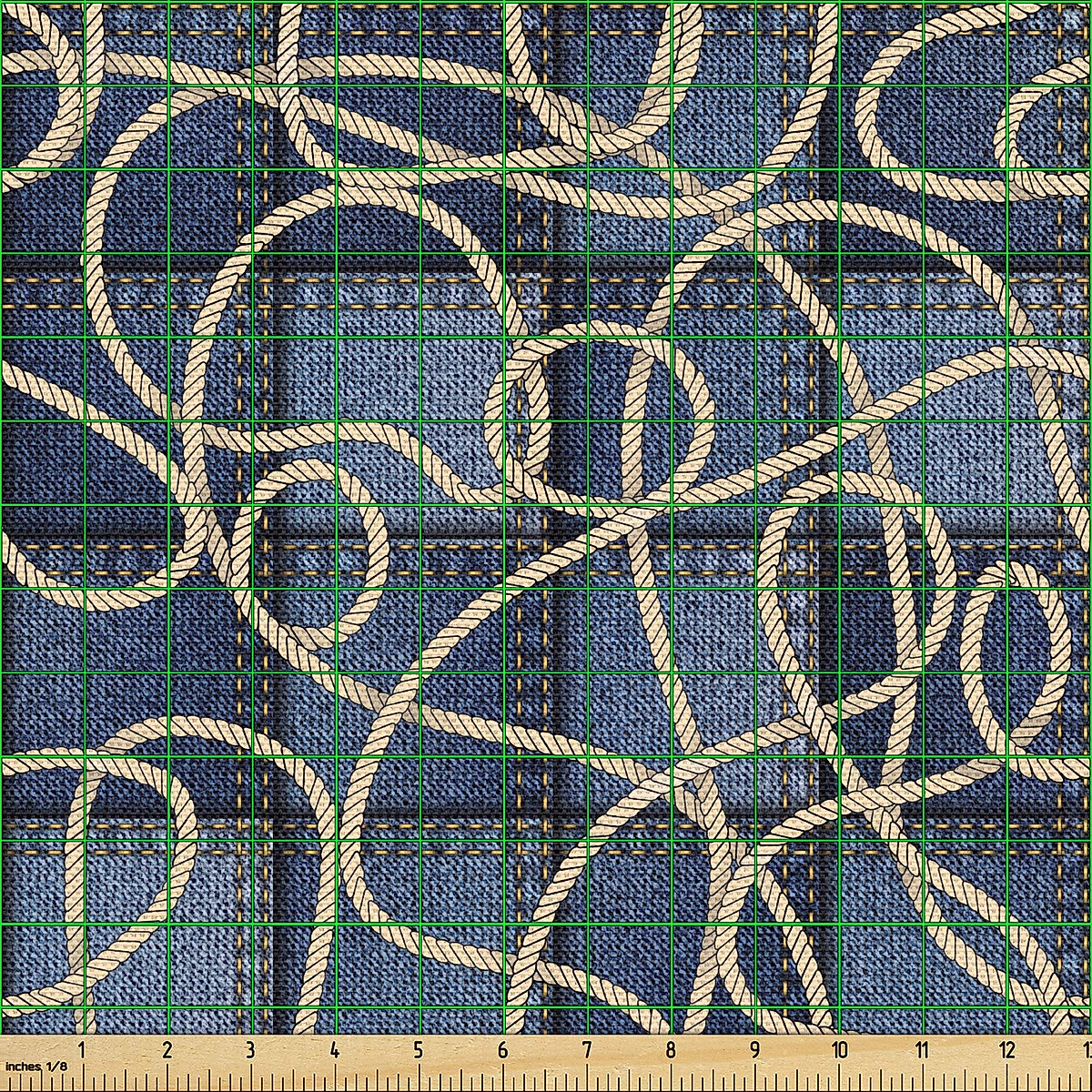 Ambesonne Nautical Fabric by The Yard, Various Patches of Denim in Sea with Sailor Knot on Foreground Image Art Print, Decorative Fabric for Upholstery and Home Accents, 3 Yards, Blue Beige