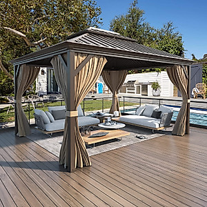 YOLENY 12x14FT Hardtop Gazebo, Galvanized Steel Double Roof Canopy with Netting and Curtains, Permanent Metal Pavilion Gazebos with Aluminum Frame for Patio Backyard Deck and Lawns