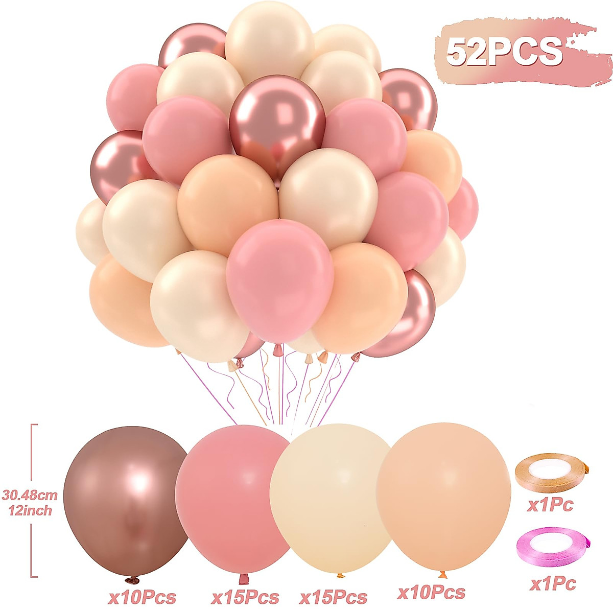 Patimate Retro Blush Pink Balloons Set, 50 pcs 12 inch Metallic Rose Gold Dusty Pink Pastel Orange Nude Latex Balloons Kit for Birthday Bridal Shower Bachelorette Boho Baby Shower Party Decorations