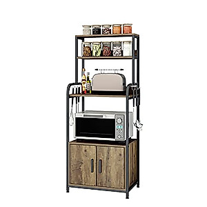 URKNO Kitchen Baker's Rack with Hutch and Storage Cabinet, 4-Tier Industrial Kitchen Microwave Oven Stand with 6 S-Hooks, Free Standing Kitchen Pantry Cabinets, Easy Assembly, Rustic Brown