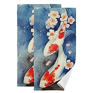Lhammer Spring Koi Fish Bathroom Hand Towels Japanese Watercolor Kitchen Dish Towel Fingertip Guest Towel Washcloths for Hotel Spa Home Holiday Decoration Sports Gym Yoga Shower Soft Absorbent