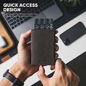VULKIT Pop up Credit Card Holder Case Alcantara Genuine Leather RFID Blocking Wallet with Banknote Compartment, ID Window and Magnetic Closure for Men (Dark-Grey)