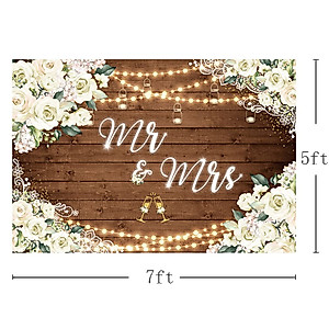 MEHOFOND 7x5ft White Floral Mr & Mrs Engagement Decorations Backdrop Couples Wedding Wooden Background Bride and Groom Engaged Ceremony Anniversary Bridal Shower Party Supplies Photobooth Props