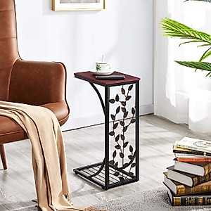 Yaheetech C Shaped End Table Set of 2 Sofa Side Tables for Living Room, Couch Tables Small Coffee Tray Snack Tables Slide Under Sofa with Elegant Leaf Design, Bronze Metal Frame and Wooden Tabletop