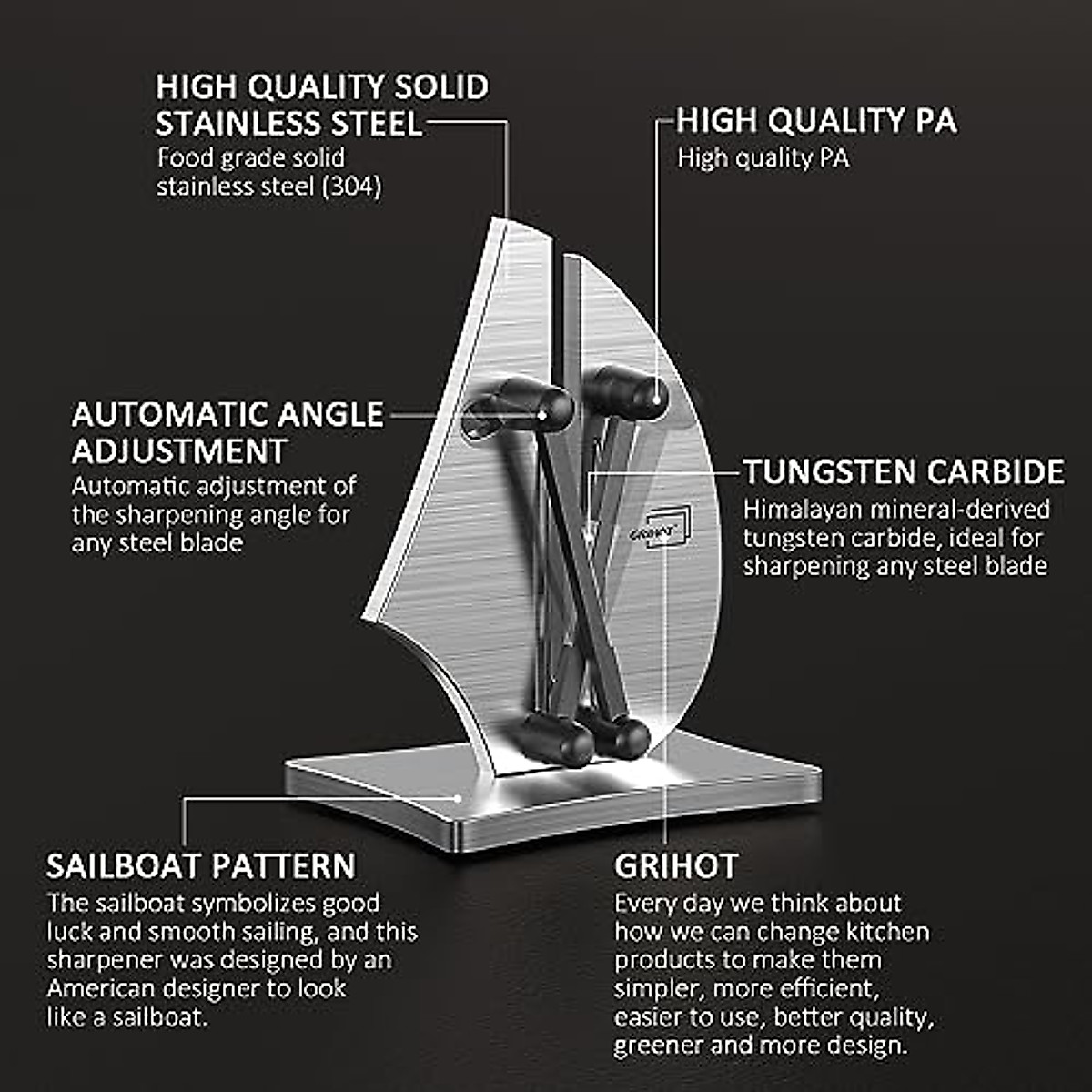 Grihot Professional Knife Sharpener | 3-Function Knife Sharpeners for Kitchen Knives, Self-Adjusting Sharpening AngleSolid Stainless Steel and Tungsten Carbide (Upgrade Sailboat Shape)