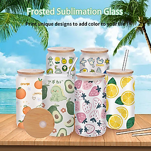ktondic 6 Pack Sublimation Glass Cans Blanks Frosted, 16 OZ Sublimation Beer Tumblers with Lid and Straws,Frosted Glass CupsIce Coffee Cups for Juice Soda Cocktail