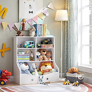 TOYMATE Kids Toy Storage Organizer, Children Multi-Functional Bookcase and Bookshelf, Toddler 5 Cubby Toy Storage Cabinet, Toy Shelf for Playroom, Bedroom, Living Room, Nursery, School (White)