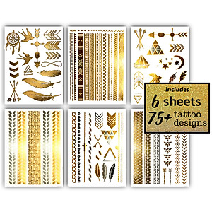 Terra Tattoos Gold Metallic Tattoo Flash Sheets Designs of Stars, Feathers, Moon & more! Face Tattoos for Women Waterproof Nontoxic Long Lasting 75+ Designs for Vacation, Festivals Parties - Gold