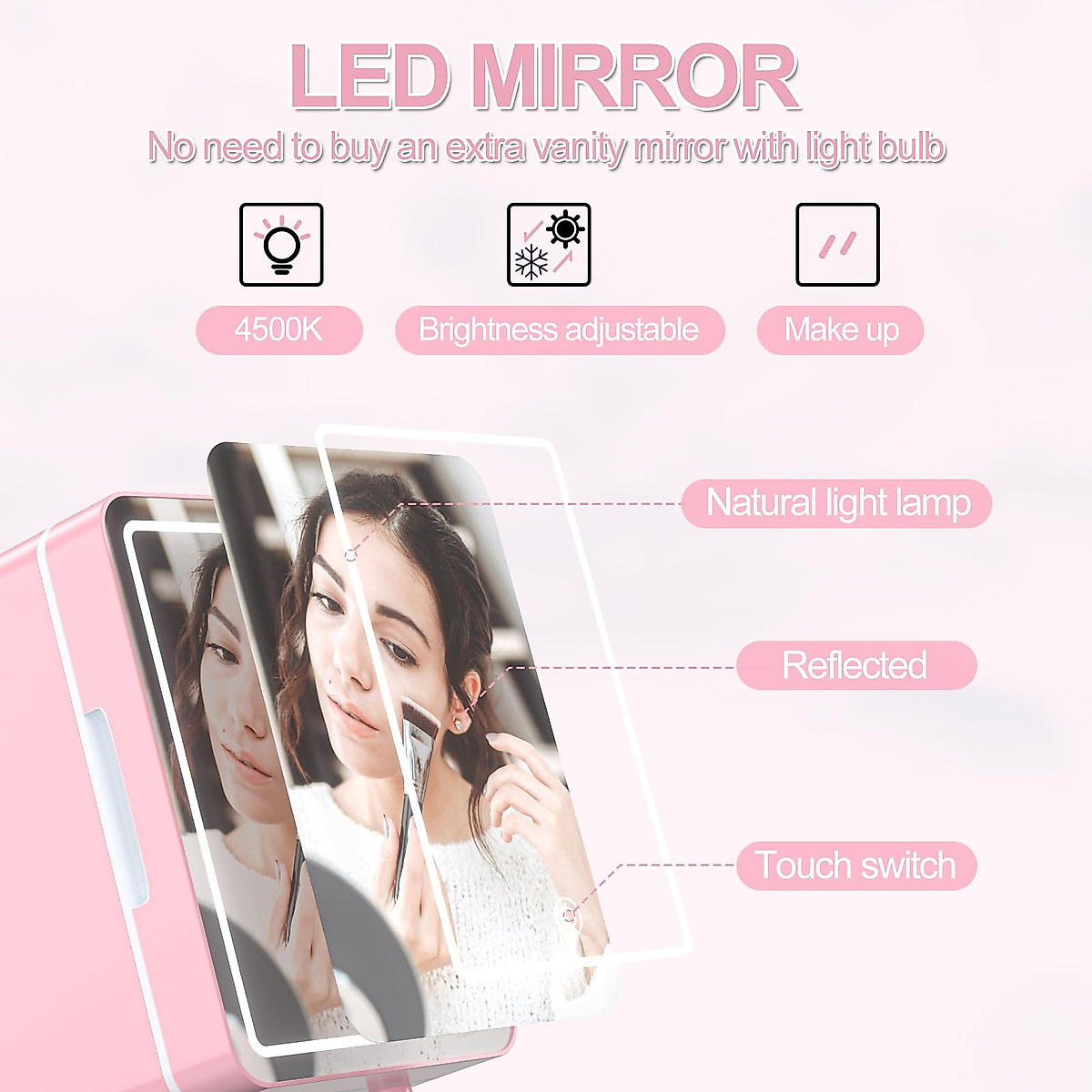 SPECILITE Mini Fridge for Skin Care, Portable Beauty Fridge with Mirror and LED Lighting (4 Liter/6 Can) Cooler and Warmer, Personal AC/DC Refrigerator for Skincare, Makeup, Beverage, Office, Bedroom (Pink)