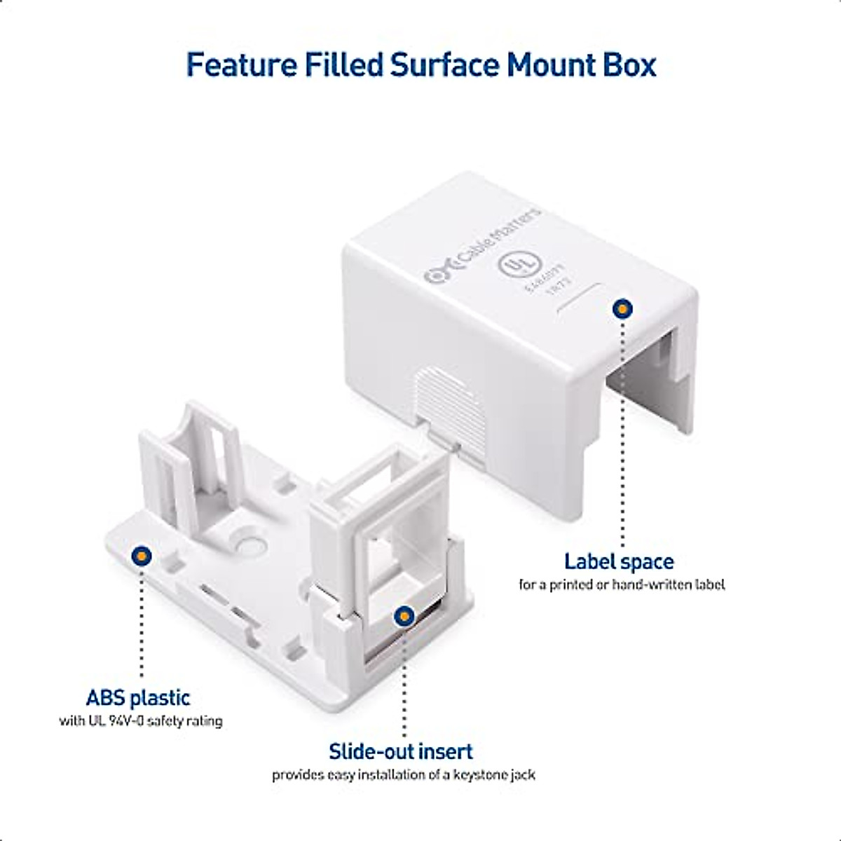 Cable Matters UL Listed 5-Pack 1-Port Keystone Jack Surface Mount Box in White