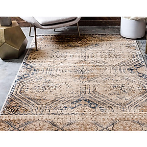 Unique Loom Chateau Collection Geometric, Vintage, Textured, Distressed, Traditional Area Rug, 5' 0" x 8' 0", Beige/Navy Blue