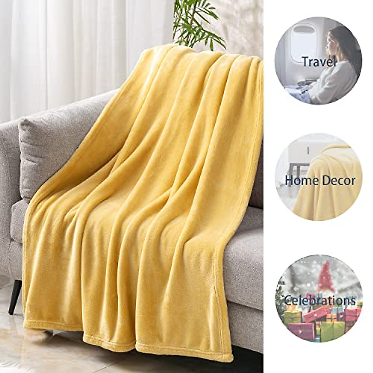 Mellowdy Plush Flannel Blanket Cozy Warm Soft Fleece Fall Fuzzy Throw Blanket for Couch Sofa Bed Camping Traveling Boys Girls (Misted Yellow, 50''x60'') - 320GSM