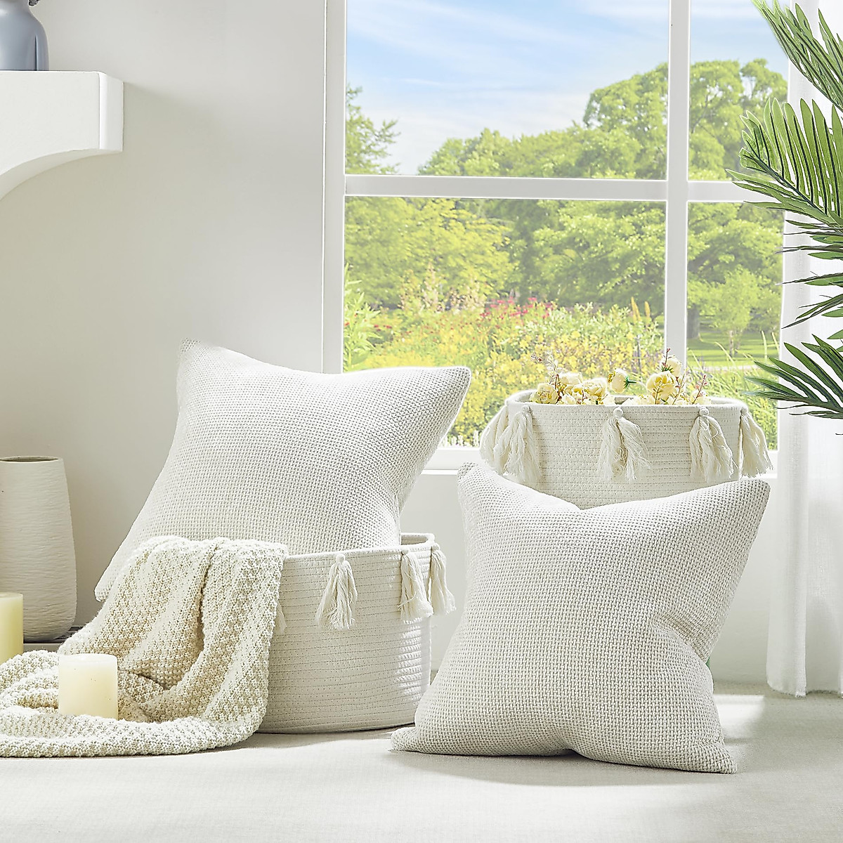 WLNUI Beige Pillow Covers 18x18 Inch Set of 2 Luxurious Chenille Throw Pillow Covers Decorative Square Cushion Case for Couch Sofa Bed Living Room Farmhouse Decorations