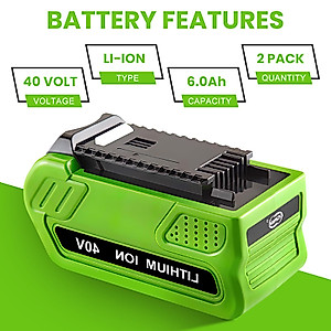 2 Pack 6.0Ah Lithium ion 40 Volt 29472 29462 Battery Replacement for Greenworks 40V Battery Compatible with Greenworks 29252 20202 22262 25312 25322 20642 22272 27062 21242 Cordless Power Tools(Green)