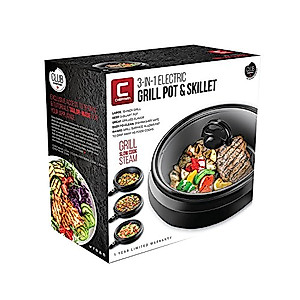 Chefman 3-In-1 Electric Indoor Grill Pot & Skillet, Slow Cook, Steam, Simmer, Stir Fry, 10-Inch Nonstick Raised Line Griddle Pan, Temperature Control, Tempered Glass Lid, 3-Quart, Black-Round