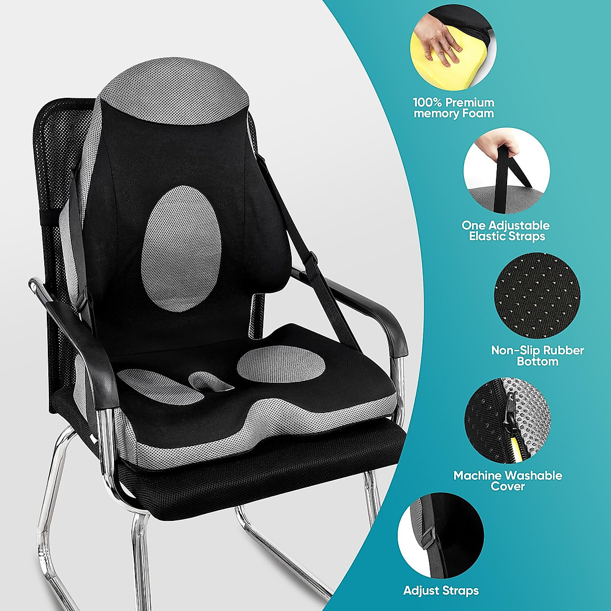 Memory Foam Seat Cushion & Lumbar Support Pillow,Ergonomic One Piece Cushion for Good Posture Correction and Tailbone, Lower Back Pain, Sciatica Relief for Office Chair Car Seat Wheelchair Travel