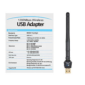 1200Mbps USB WiFi Adapter USB Wireless Adapter Daul Band (2.4G/300M+5G/867M) 802.11 ac for Desktop PC WinXP/Vista/7/8/8.1/10