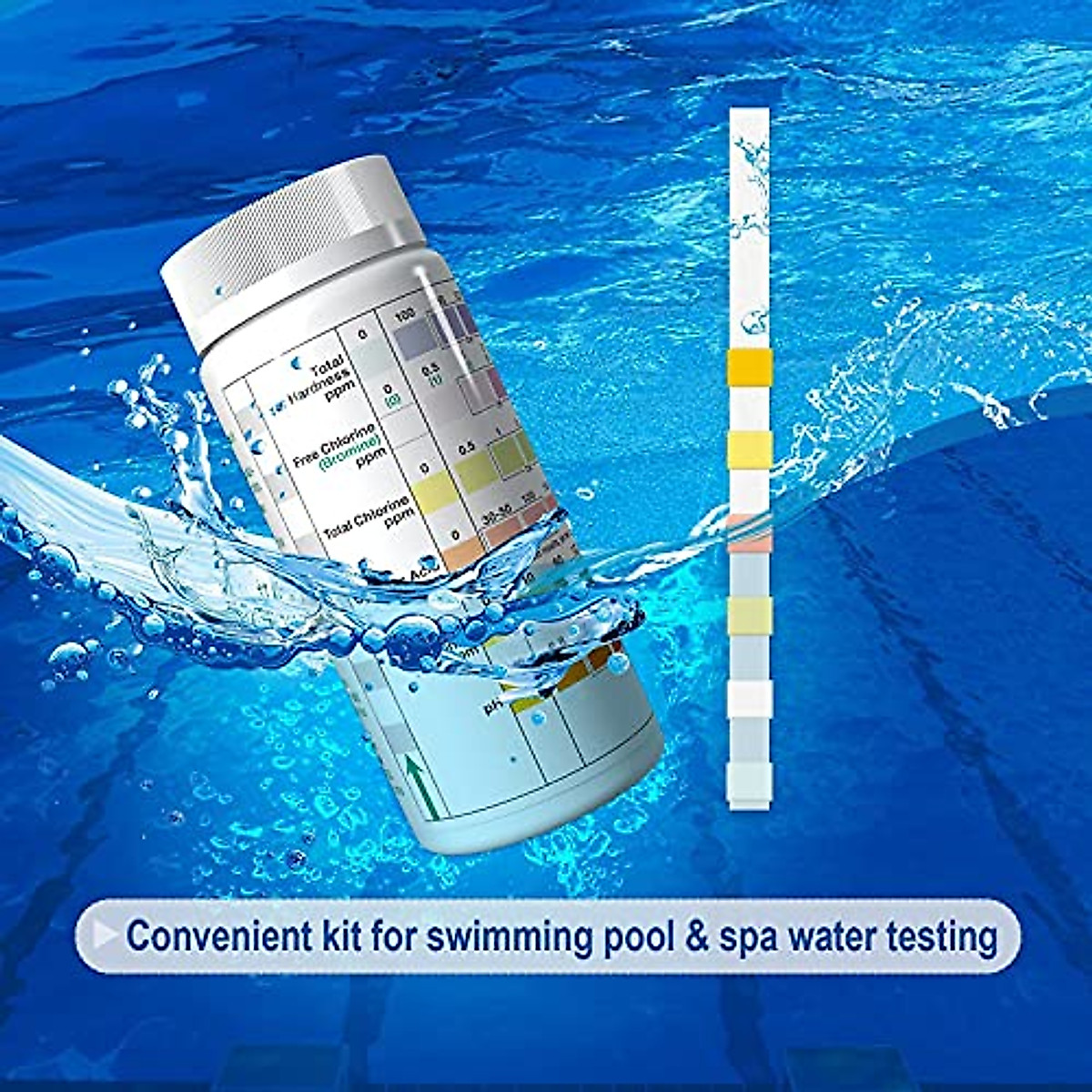 RUNBO Pool Test Strips 7-in-1 (100 Count), Quality Testing Strips - Simple and Easy - Test Free Chlorine, Total Chlorine, Bromine, Total Hardness, Total Alkalinity, pH and Cyanuric Acid