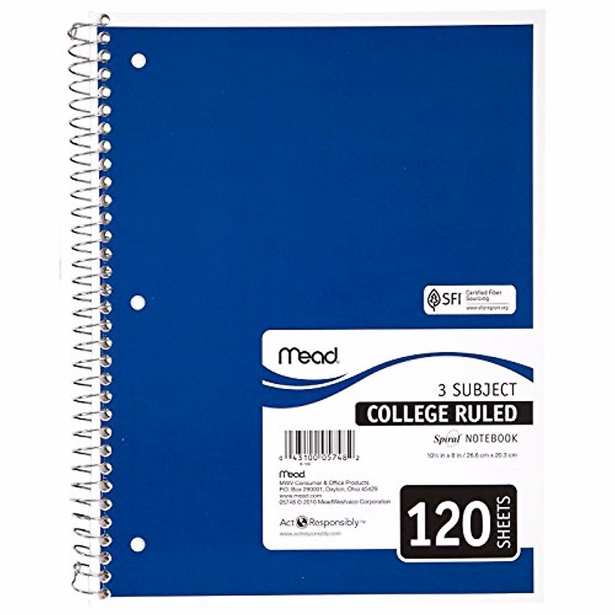 Mead Spiral Notebook, College Ruled, 3 Subject, 120 Sheets, 10.5" x 8", Assorted Colors, 6 Pack
