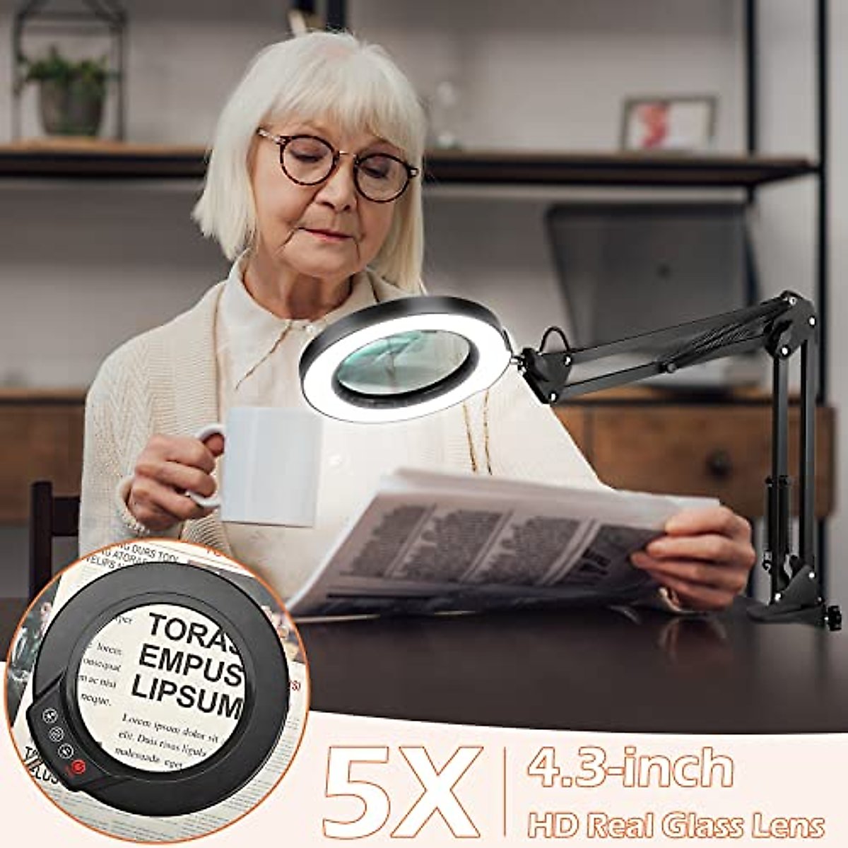 5X Magnifying Glass with Light and Stand, Krstlv LED 5 Color Modes, Stepless Dimmable Magnifying Floor Lamp, 3-in-1 Adjustable Swing Arm Lighted Magnifier Lamp with Clamp for Reading, Craft, Esthetic