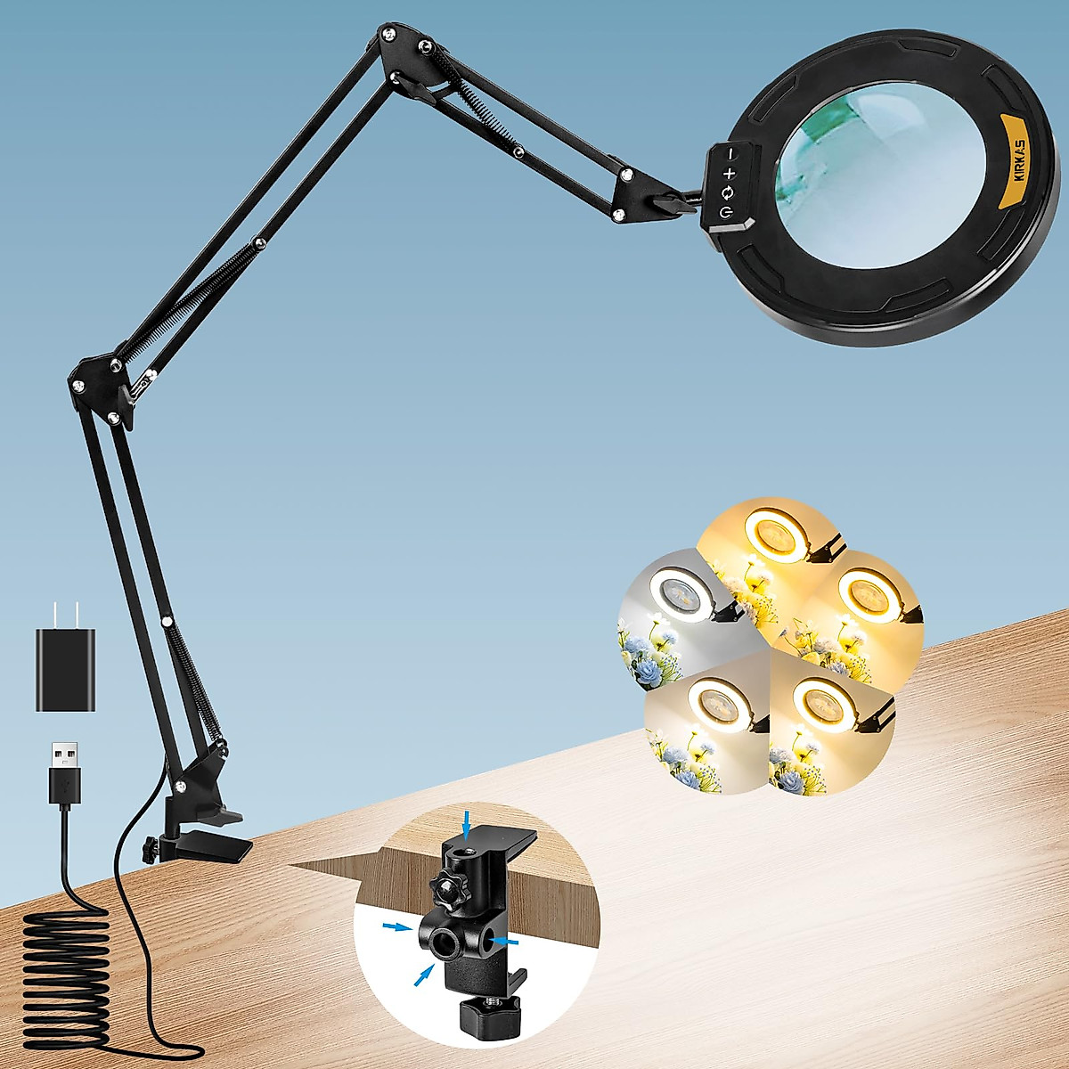 LED Magnifying Lamp with Clamp, 10X Real Glass Lens, 3 Color Modes and Stepless Dimmable Magnifier Desk Lamp,Adjustable Swivel Arm Lighted Magnifying Glass for Repair Craft Close Work-Black