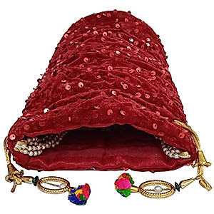 Purpledip Blingy Shiny Chenille Potli Bag (Clutch, Drawstring Purse) For Women: Red Sequin Embroidery Work (12530A)