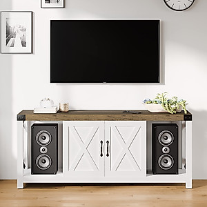 58 Inch TV Stand for TV up to 50 60 65 Inches, Farmhouse Wood TV Cabinet Entertainment Center with Storage and Adjustable Shelves (White)