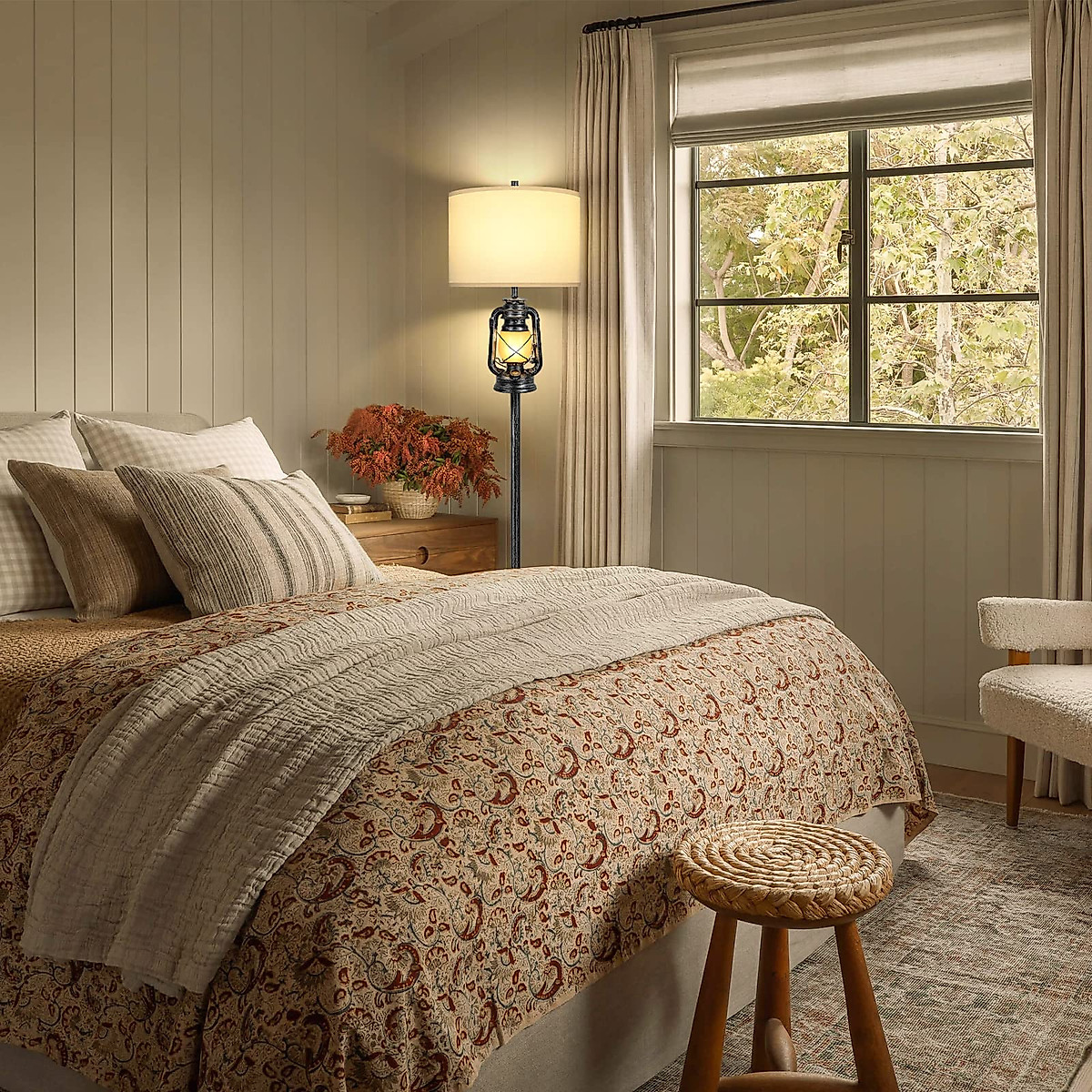 BrightHome Farmhouse Lantern Floor Lamp with LED Night Light - Rustic Tall Standing Lamp for Living Room Bedroom Office - Traditional Pole Lamp Black & Silver Finish - Floor Reading Light Home Decor