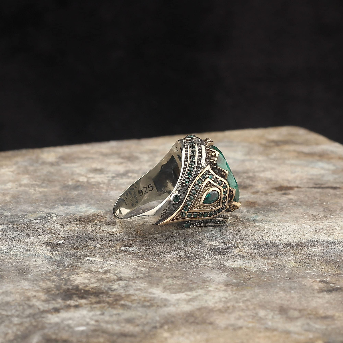 Emerald Stone Men Silver Ring, 925 Sterling Silver Emerald Gemstone Ring, Handmade Engraved Turkish Silver Ring with Natural Emerald Stone gifts for men handmade rings valentines day gifts for him