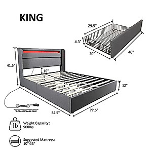 AMERLIFE King Bed Frame with RGBW LED Lights Headboard & 4 Storage Drawers, Upholstered Smart Platform Bed with USB & USB-C Ports, Box Spring Optional, Light Grey