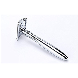 Heavy Duty Chrome Double Edge Safety Razor & Base Stand Long Handle Lengthen Version w/ 10 Platinum Super Sharp Blades + Mini Cleaning Brush & Pouch Manual Wet Shaving Gift Set for Men & Women