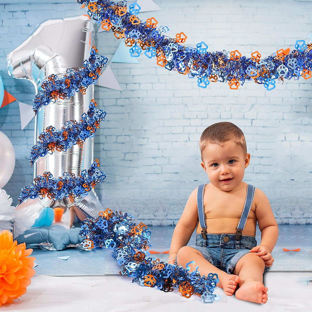 LOLStar Blue Dog Birthday Decorations 26 ft Orange Blue and Light Blue Dog Paw Foil Tinsel Garland,Blue Dog Birthday Party Supplies,Perfect Hanging Photo Booth Prop for Blue Dog Themed Decor