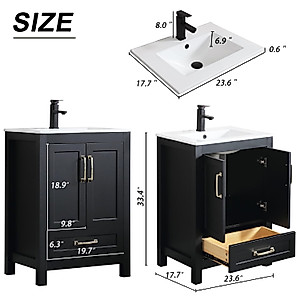 LUCKWIND 24” Bathroom Vanity with Sink, Modern Painted Bathroom Storage Cabinet with Ceramic Basin Sink Top, Faucet and Drawers Without Mirror, Black