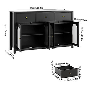 FINETONES Buffet Cabinet with Storage, 55.1" Large Sideboard Buffet Farmhouse Kitchen Cabinet with 3 Drawers and 4 Doors, Wood Coffee Bar for Kitchen, Black