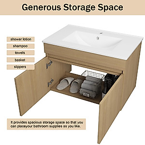 SSLine Modern 30" Floating Bathroom Vanity with Sink Wall Mounted Bathroom Vanity with Top Basin & Storage Cabinet Wood Hanging Vanity w/Ceramic Sink for Small Bath Powder Room (Light Oak)
