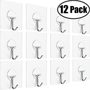Anwenk 12Pack Wall Hooks Adhesive Wall Hanging Hooks Stick On Hooks Ceiling Hanger Damage Free Hanging Reusable Waterproof for Home Bathroom Kitchen Refrigerator Door Keys Bags,Clear- Promotion