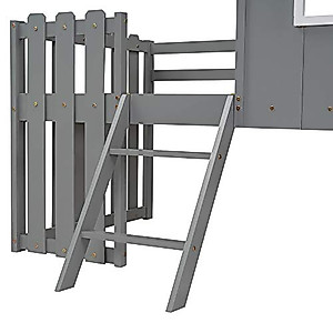 Twin Loft House Bed for Kids, Wooden Loft Beds with Rustic Fence-Shaped Guardrail/Ladder/Window/Roof for Teens Boys & Girls Bedroom (Gray-Loft House Bed)