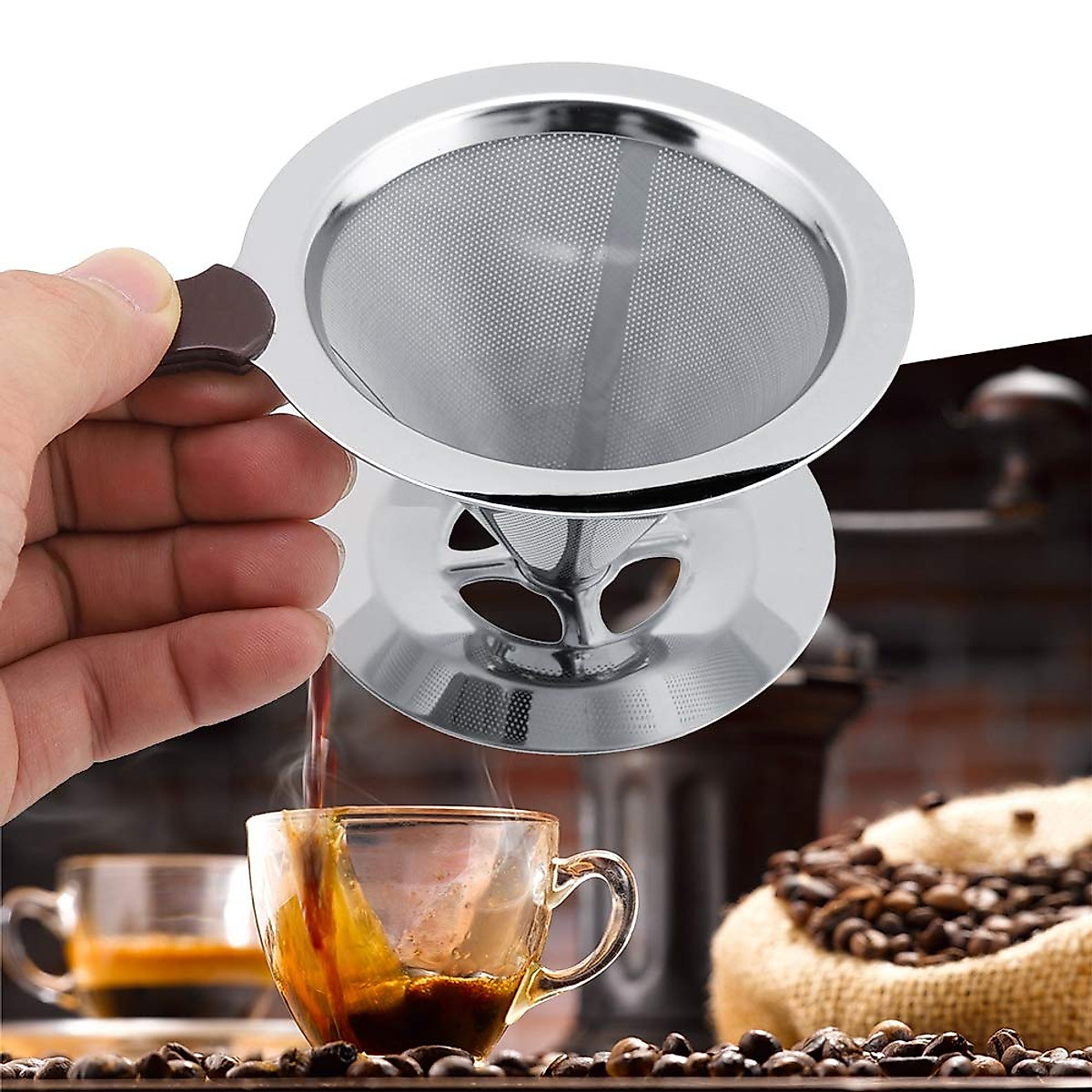 Topyond Stainless Steel Coffee Filter, Reusable Double Layer Brew Dripper, Collapsible and Portable Design with Cup Stand,for Camping and Travel