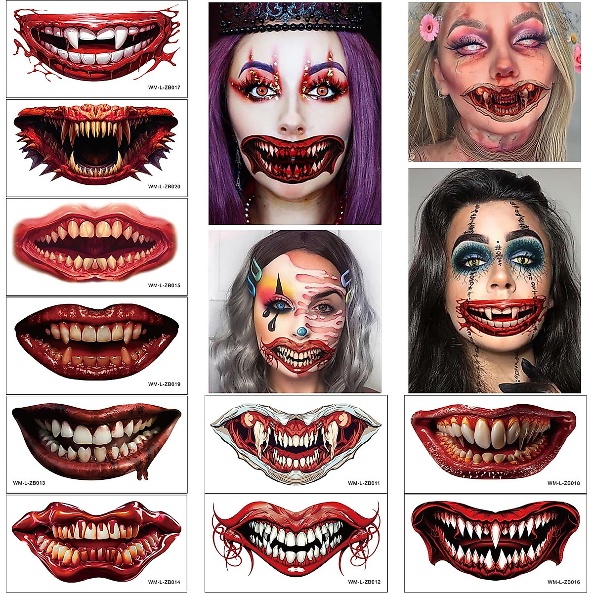 Halloween Clown Horror Mouth Tattoo Stickers 10 Sheets Gothic Halloween Horror Mouth Face Sticker Temporary Tattoo Fake Tattoos for Adults Halloween Prank Makeup Temporary Tattoo Paper Party Favors
