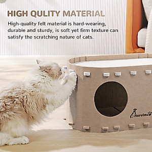 Hervimo Cat Beds for Indoor Cats, 2 in 1 Large Cat House, Foldable Cat Tunnel Enclosed Bed, Scratch Resistant Cat Bed Cave for Large Cats Up to 25lbs & Multiple Small Cats, Dark Camel