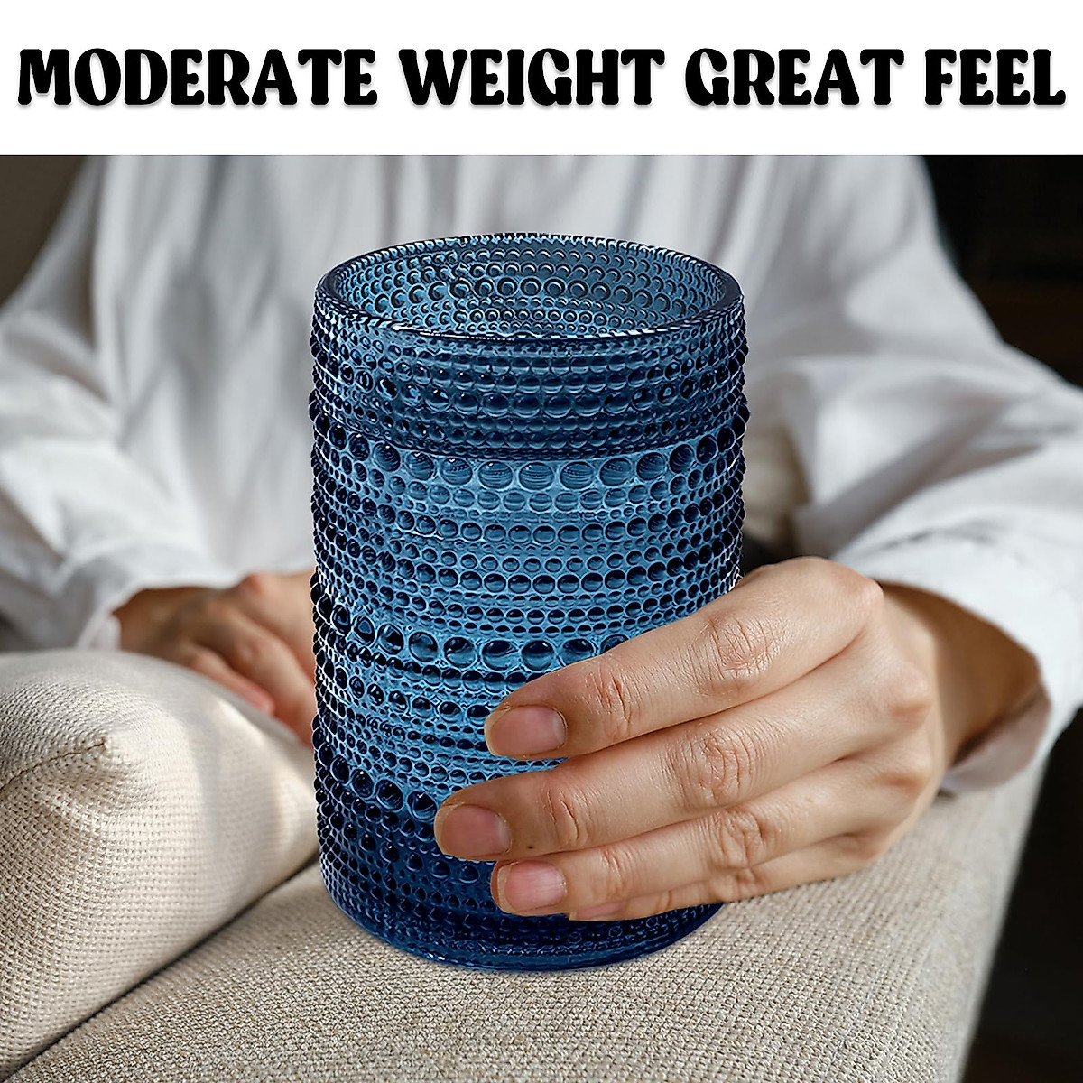 UPZAI Vintage Drinking Glasses Glassware: 15oz Water Cups Set of 6 - Thick Glass Vintage Hobnail Tumbler for Cocktail Whiskey Wine Beer Juice (6pcs Blue)