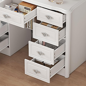 MOUMON Large Vanity Desk with Open Mirror and Lights, Makeup Desk with Drawers and Shelves, Rose-Shaped Crystal Handles, Cushion Stool not Included, White (43.3”W x 18.1”D x 54.1”H)